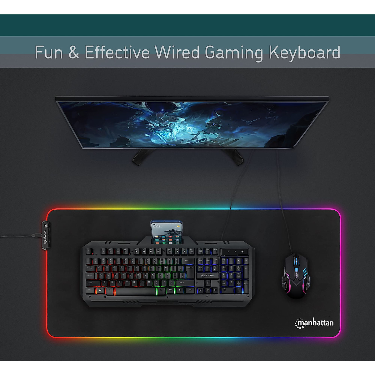 Manhattan Wired Membrane Gaming Keyboard –with Backlit RGB LED, Metal Base, IPX4 Splashproof, Phone Holder, 12 Multimedia Function Quiet Keys-for Computer, PC, Desktop, Gamer –3 Yr Mfg Warranty–180610