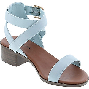 TOP Moda Vision-75 Women's Ankle Wrap Adjustable Buckle Stacked Chunky Heel Sandal,Light Blue,5.5
