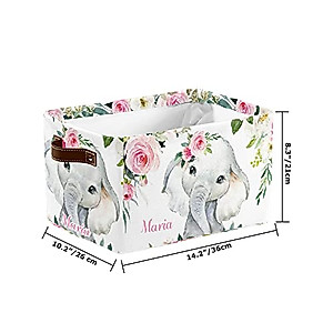 Pink Elephant Floral Personalized Storage Basket ,Custom Storage Bins Cubes Organizer with Handle for Bedroom Wardrobe,Nursery,Basket 1 Pack