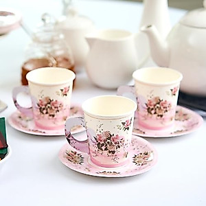 ROYAL BLUEBONNET Paper Tea Cup Set, 24 Disposable Teacups with Handles & Saucers, Floral Design for Hot & Cold Drinks, Tea Party Decorations, Tableware