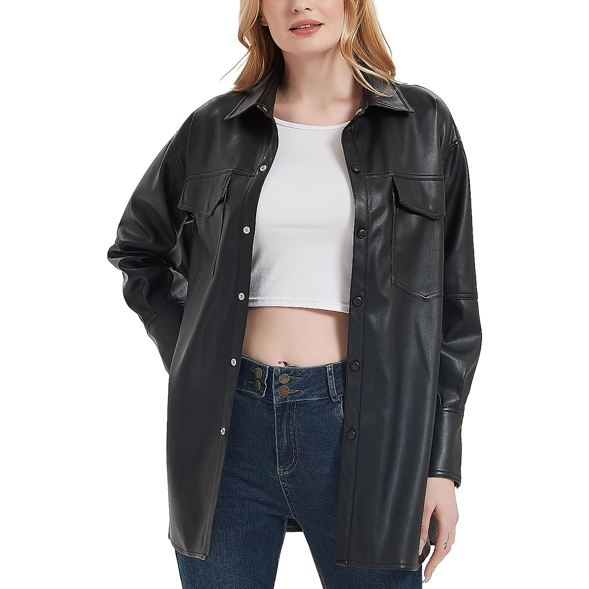 RISISSIDA Women Faux Leather Shacket Jacket,Vegan Pleather Long Sleeve Shirts Black 21001 XX-L