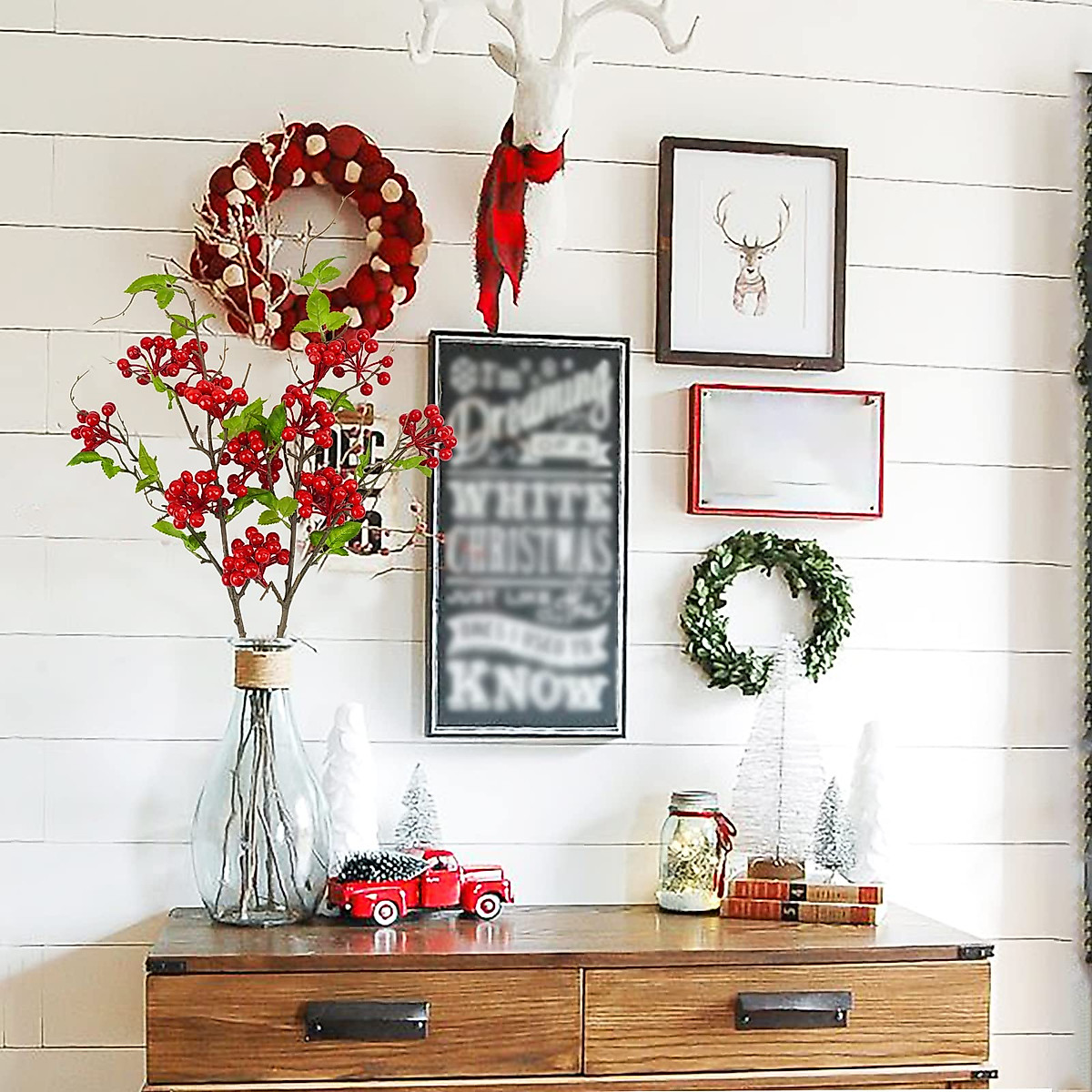 Phliofd 2 Pack Christmas Red Berries Picks 32in Red Berry Stems Christmas Decoration Red Christmas Ornaments for Home Kitchen Outdoor Garden Wedding Party Holiday Decor