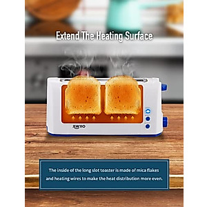 JEWJIO Long Slot White Toaster 2 Slice With Blue Buttom, 1.5” Wide Slot Best Slim 2 Slice Toaster, One Long Slot Toaster with Defrost/Reheat/Cancel/6 Bread Shade Settings/Removable Crumb Tray, Easy to Storage in Kitchen, RV, Sideboard, 1000W