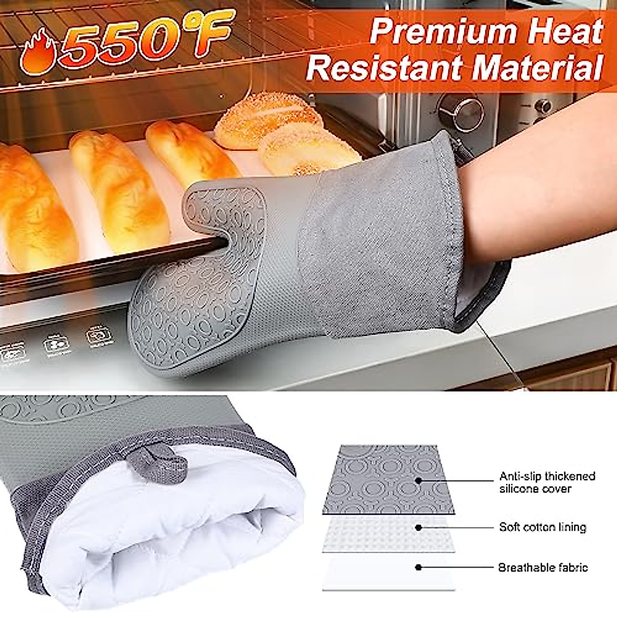 Oven Mitts and Pot Holders Sets, Silicone Oven Mitts Heat Resistant 550℉ Kitchen Oven Mits/Glove Set, Extra Long Kitchen Mittens and Hot Pads Pot Holder with Basting Brush for Baking Cooking Grilling