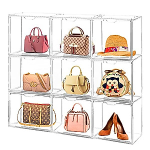 Cutora 3 Pack Clear Handbag Purse Storage Organizers for Closet, Acrylic Handbag Purse Shoes Toy Display Plastic Case, Anti Dust Luxury Stackable Bag Container Box with Magnetic Door for Pocketbook Clutch
