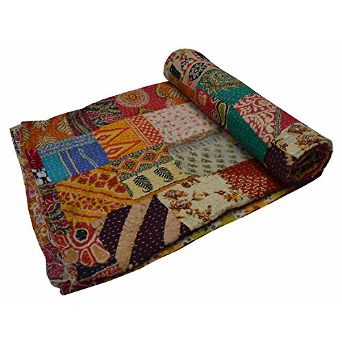 Maviss Homes Beautiful Indian Traditional Patchwork Super Soft Cotton Double Kantha Quilt | Throw Blanket Bedspreads | Cozy Blanket Quilt | Easy Machine Washable and Dryable; Multicolour