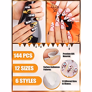 144PCS Halloween False Nails, Lorvain Halloween Artificial Nails Acrylic Full Cover Nails Fake Fingernails Press on Nails with 6PCS Nail Glue for Women Girls DIY Nail Art Salon Home (Almond)
