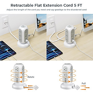 Flat Plug Power Strip Tower, TESSAN Ultra Thin Retractable Extension Cord 5 FT, Surge Protector 11 Outlets with 3 USB Charging Station, 1050J, Office Supplies, Desk Accessories, Dorm Essentials