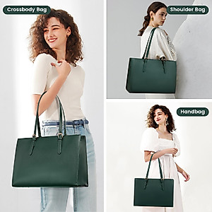 LOVEVOOK Laptop Bag for Women, Fashion Computer Tote Bag Large Capacity Handbag, Leather Shoulder Bag Purse Set, Professional Business Work Briefcase for Office Lady, 2PCs, 15.6-Inch, Deepgreen