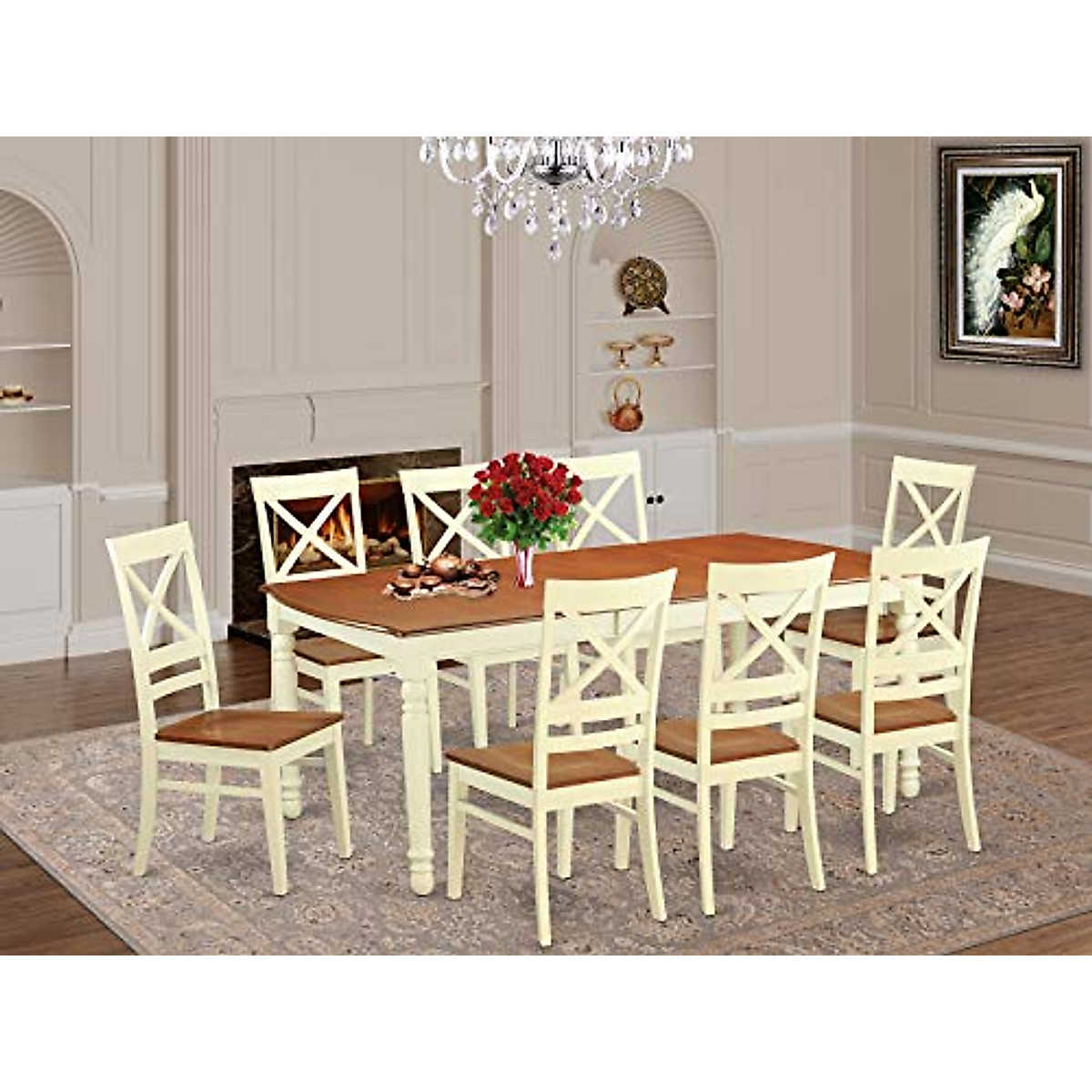 East West Furniture Dover 9 Piece Set Includes a Rectangle Dining Room Table with Butterfly Leaf and 8 Kitchen Chairs, 42x78 Inch, Buttermilk & Cherry