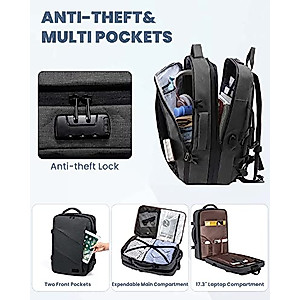 LOVEVOOK Travel Backpack, 30-40L Expandable Extra Large Backpack with Lock, Carry on Backpack 17 Inch with USB Port, Anti-Theft Water Resistant Business Backpack for Men Women, Dark Grey