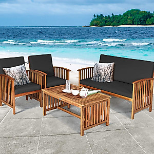 Tangkula Outdoor 4 PCS Acacia Wood Sofa Set w/Water Resistant Cushions, Padded Patio Seating Chat Set w/Coffee Table for Garden, Backyard, Poolside (1, Black)