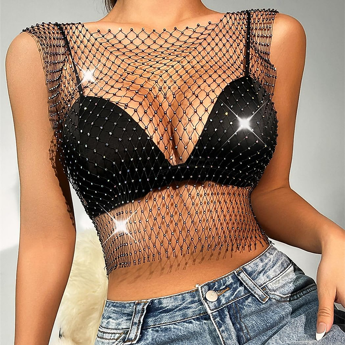 Graeen Mesh Rhinestone Crop Top Sleeveless Crystal Bra Chain Underwear Elastic Hand-woven Fishnet Bikini Top Sxey Nightclub Body Chain Jewelry for Women (Black A)