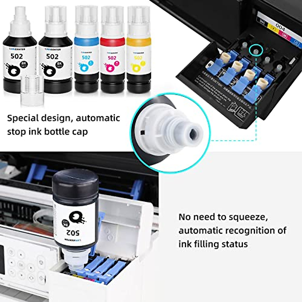 OFFICENTER 10 Pack T502 502 Ink Refill Bottles for Ecotank ET-2760 ET-4760 ET-2750 ET-3760 ET-2850 ET-15000 ST-4000 ST-2000 ET-3710 ET-3850 ET-3750 ET-4850 ET-3830 ET-4750 ET-2700 ST-3000 Printer