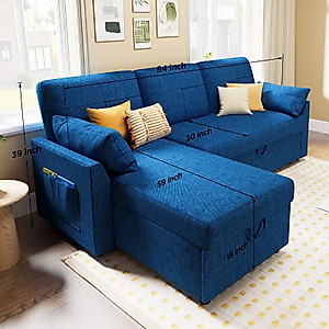 VanAcc Sofa Bed, Sleeper Sofa with Storage Chaise- 2 in 1 Pull Out Couch Sofa for Home Office, Living Room, Comfy Sofa Sleeper, Blue Linen Couch
