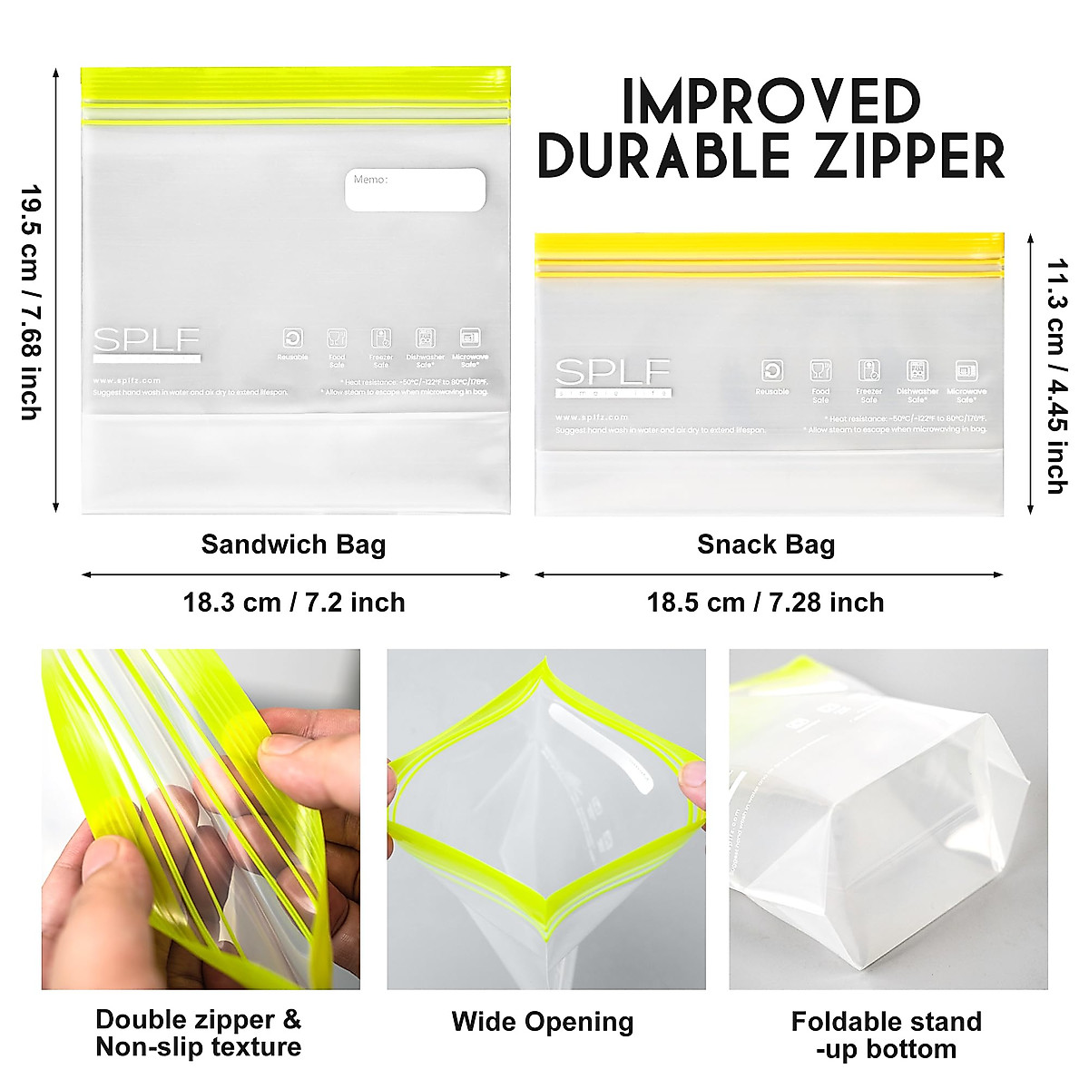 SPLF 20 Pack Reusable Sandwich Bags Dishwasher Microwave Safe, BPA Free Extra Thick Leakproof Reusable Food Storage Bags Silicone and Plastic Free Quart Size Freezer Bags Containers