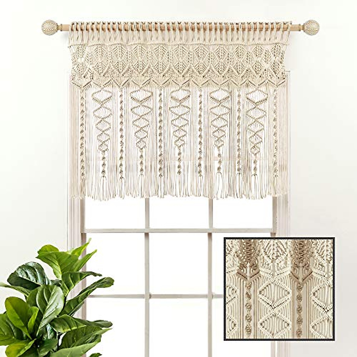 Lush Decor Boho Macrame Textured Cotton Valance/Kitchen Curtain/Wall Decor, 30" L x 40" W, Neutral