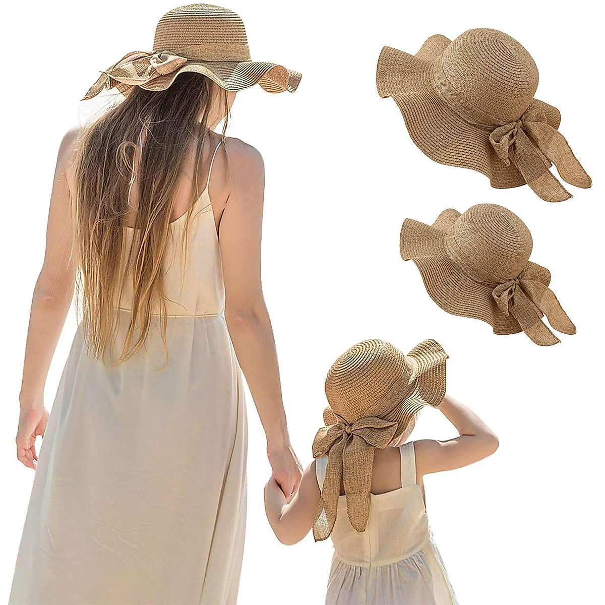 2PCS Family Matching Summer Beach Sun Hat Wide Brim Parent-Child Straw Hat Bowknot Cap for Women's Baby Girls (Camel)