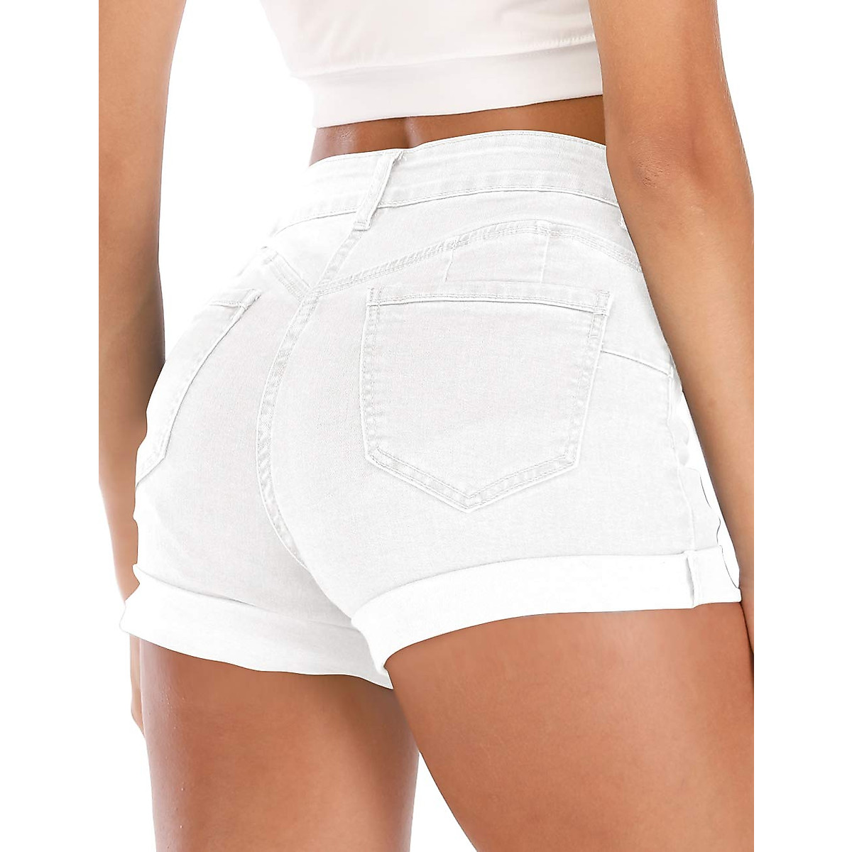 Cuihur Women's Summer High Waisted Denim Shorts Folded Hem Casual Short Jeans White M