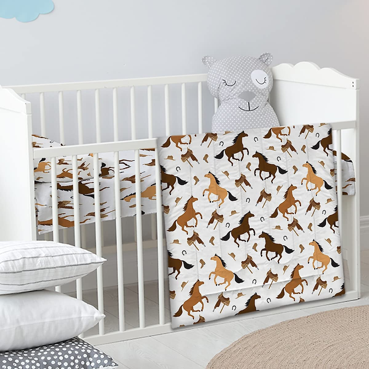 ARIGHTEX Horse 4 Piece Toddler Bedding Set with Cute Farm Animal - Includes Quilted Comforter, Fitted Sheet, Top Sheet, and Pillow Case for Girls Boys Bed