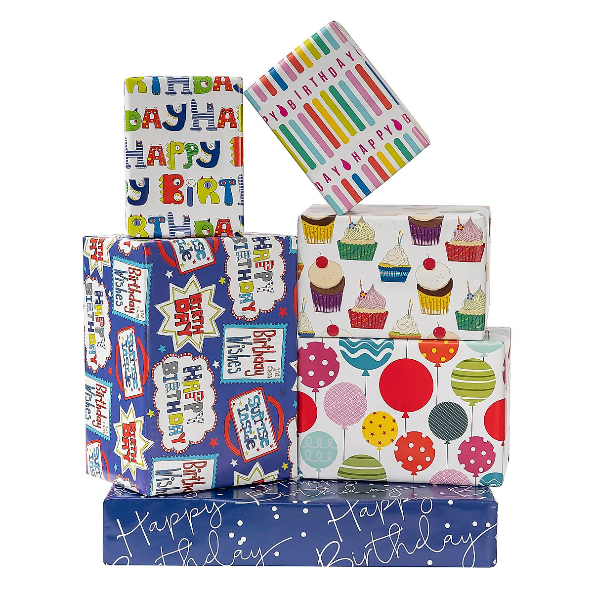 Titiweet Happy Birthday Wrapping Paper Sheets with Cut Line, Recycled Gift Wrapping Paper, 6 Sheets Folded Flat Gift Wrap with Sticker Ribbon Tape, 20 x 28 Inches Per Sheet