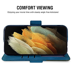 Compatible with Samsung Galaxy S21 Ultra 5G Wallet Case and Tempered Glass Screen Protector Wrist Strap Leather Flip Card Holder Stand Cell Phone Cover for S21ultra 21S S 21 21ultra G5 Women Men Blue