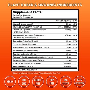 Bone Strength Supplements | Plant Based Calcium Supplement 600mg | Vitamin D3 2000 IU, K2, Magnesium, Potassium, Zinc, Boron & Strontium | Whole Food Supplement for Bone Health | 120 Vegan Capsules