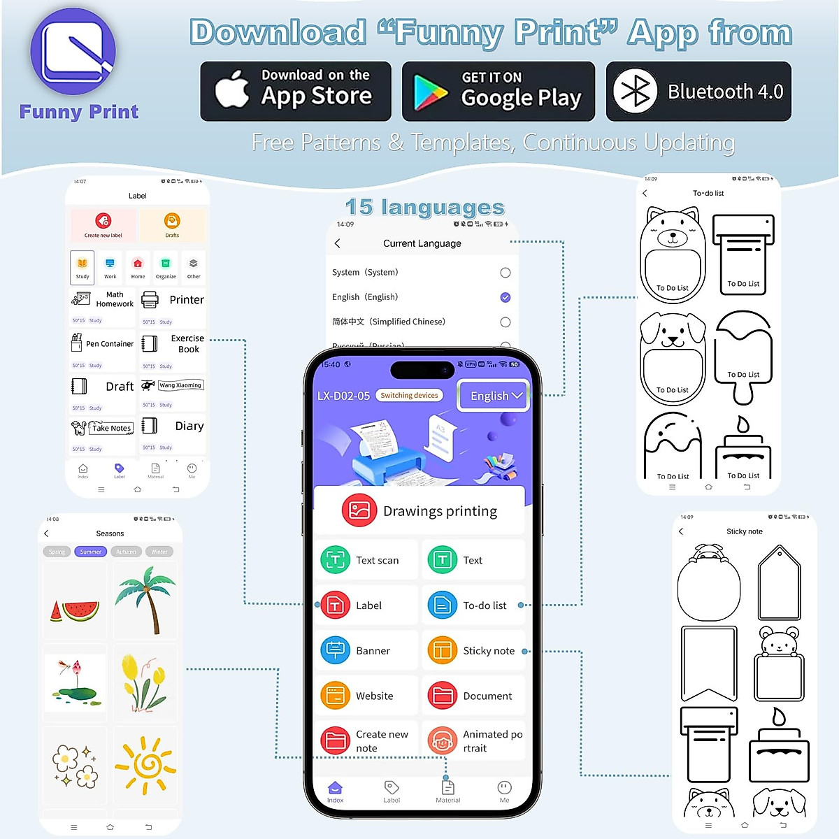 DOLEWA Mini Sticker Printer, Portable Thermal Inkless Sticker Maker with 8 Rolls Coloed Paper & 12 Pens, Wireless Thermarote Printers for Travel, Photos,Study Notes, Scrapbook, Journal, Memo (Blue)