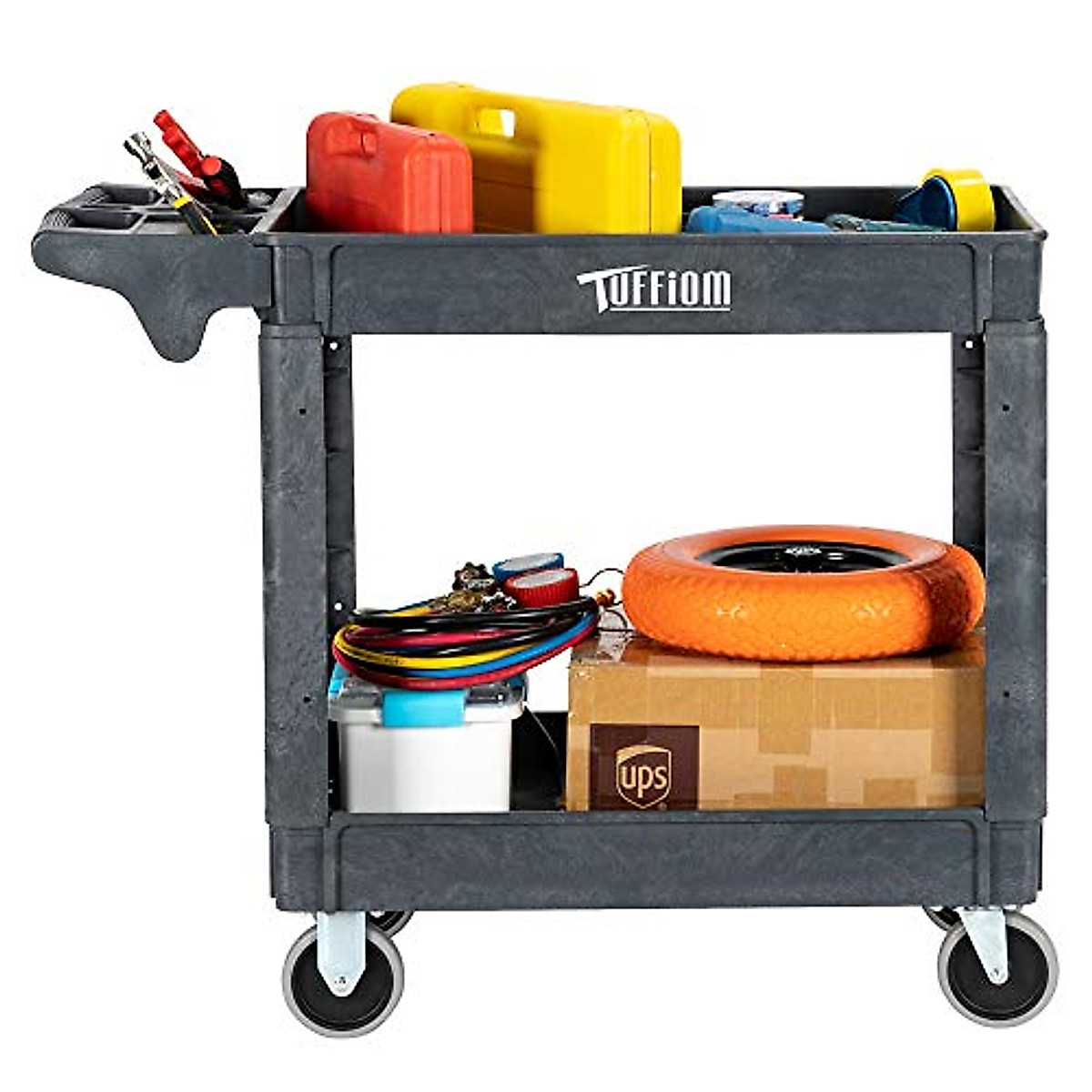 TUFFIOM Plastic Service Utility Cart with Wheels,550lbs Capacity,Heavy Duty Tub Storage Cart W/Deep Shelves, Multipurpose Rolling 2-Tier Mobile Storage Organizer, for Warehouse Garage Industrial Cart