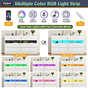 Loomie 6 Drawer Dresser with Power Outlet, Modern Chest of Drawers with LED Light, Dresser for Bedroom, Double Wide Drawer Dresser Organizer Cabinet for Living Room, Entryway (White)