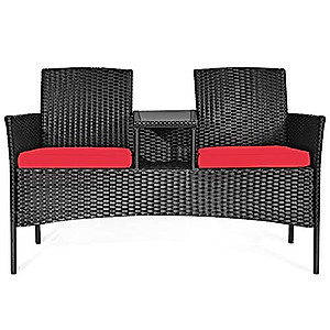 COOURIGHT Outdoor Loveseat, 2 Seats Chair with Table, Cushions, Tempered Glass Tabletop, Wicker Patio Conversation Furniture Set, Modern Rattan Sofa for Garden Lawn Backyard (Red)