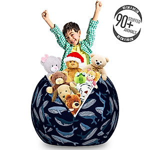 Lunarable Whales Storage Toy Bag Chair, Doodle Pattern with Ocean Mammals Nature Theme on Dark Background, Stuffed Animal Organizer Washable Bag, Large Size, Pale Blue