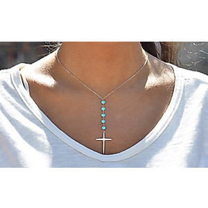 NYC Sterling Women Silver Turquoise Beaded Drop Cross Necklace