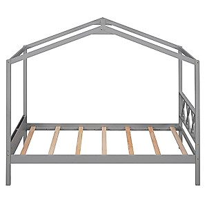 MERITLINE Children House Wood Twin Bed, Girls Twin Platform Bed, Toddler Play House Bed Frame, Play House Loft Bed for Kids, No Spring Box Need, Grey