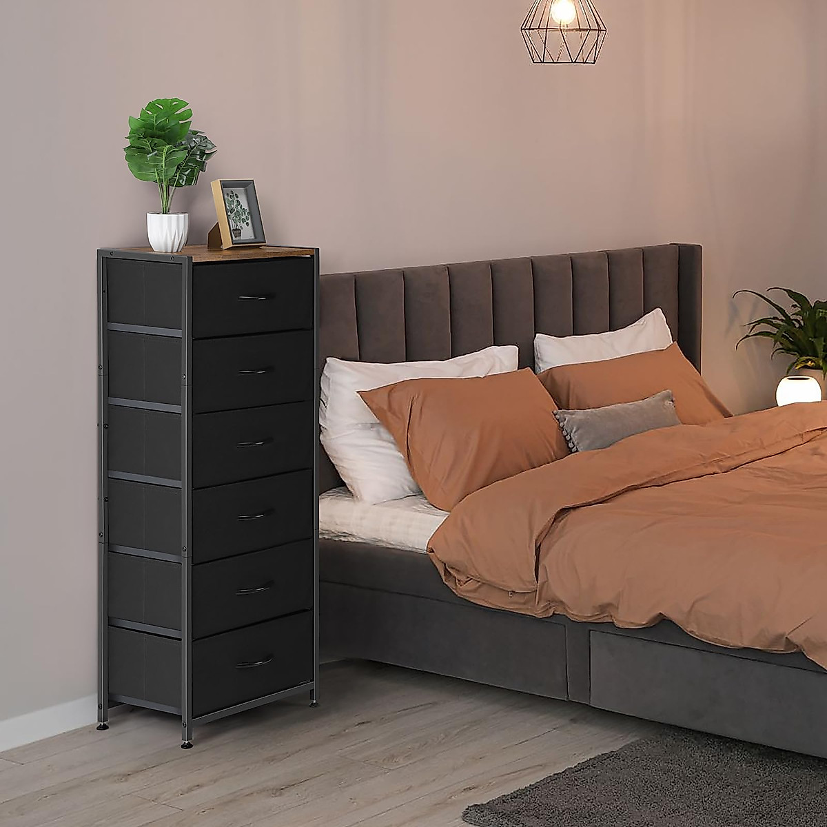 MOOACE Dresser for Bedroom, Black Tall Dresser with 6 Drawers, Fabric Storage Tower, Steel Frame and Wood Top, Storage Drawers Chest of Drawers for Bedroom, Hallway, Entryway