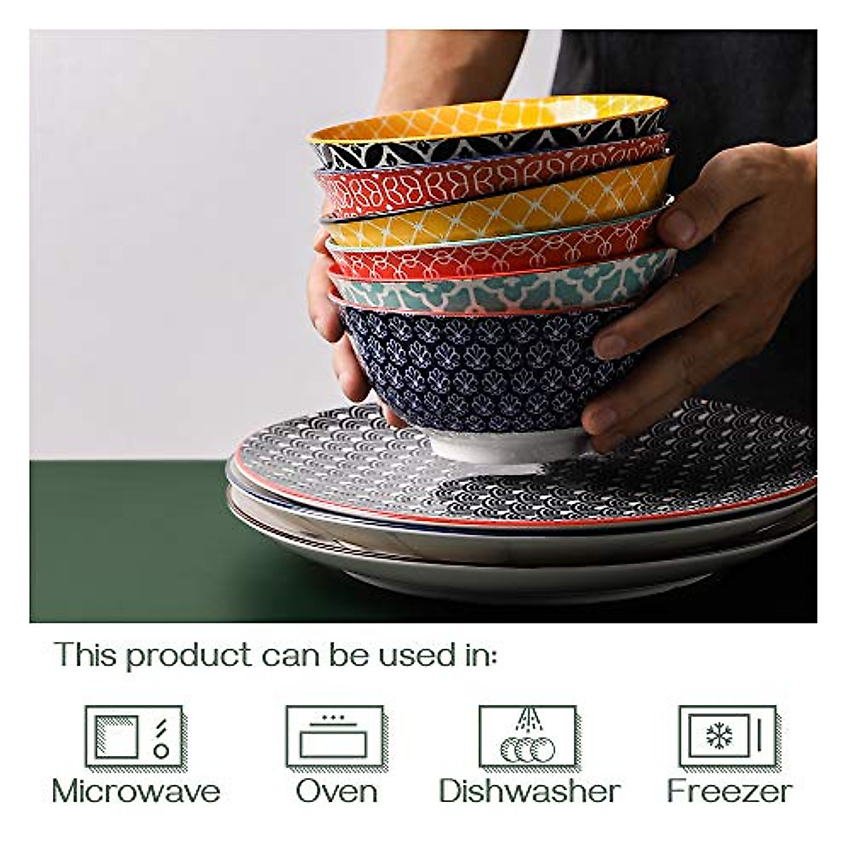 DOWAN Ceramic Cereal Bowls, 23 Oz Vibrant Color Dessert Bowls for Thanksgiving, Christmas and Kitchen, Soup Bowl Set for Pasta, Salad, Ice Cream and Oatmeal, Set of 6