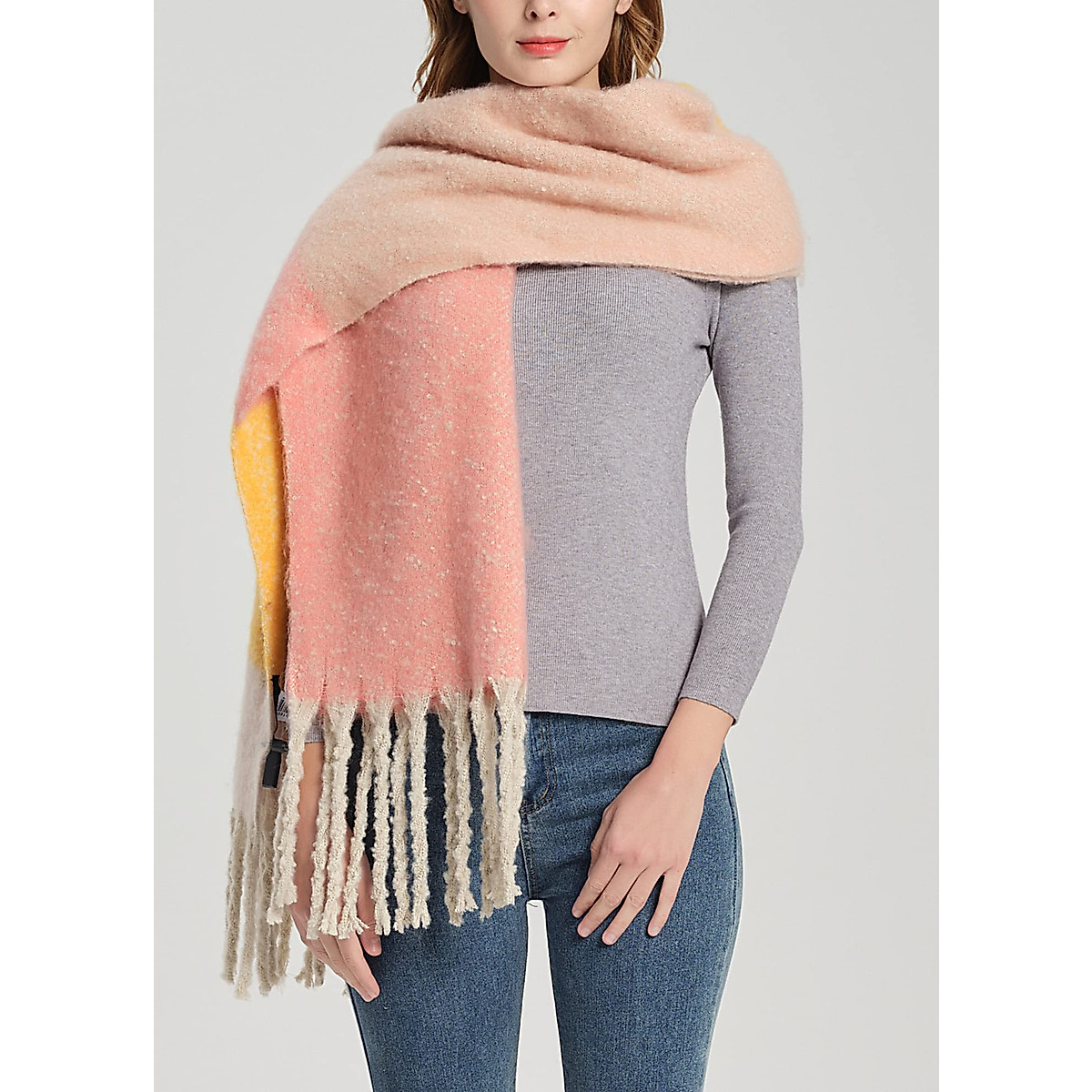 Wander Agio Winter Warm Scarf for Women Long Shawl Large Scarves Cold Weather Thick Blanket Scarfs Color Matching Yellow Pink 9