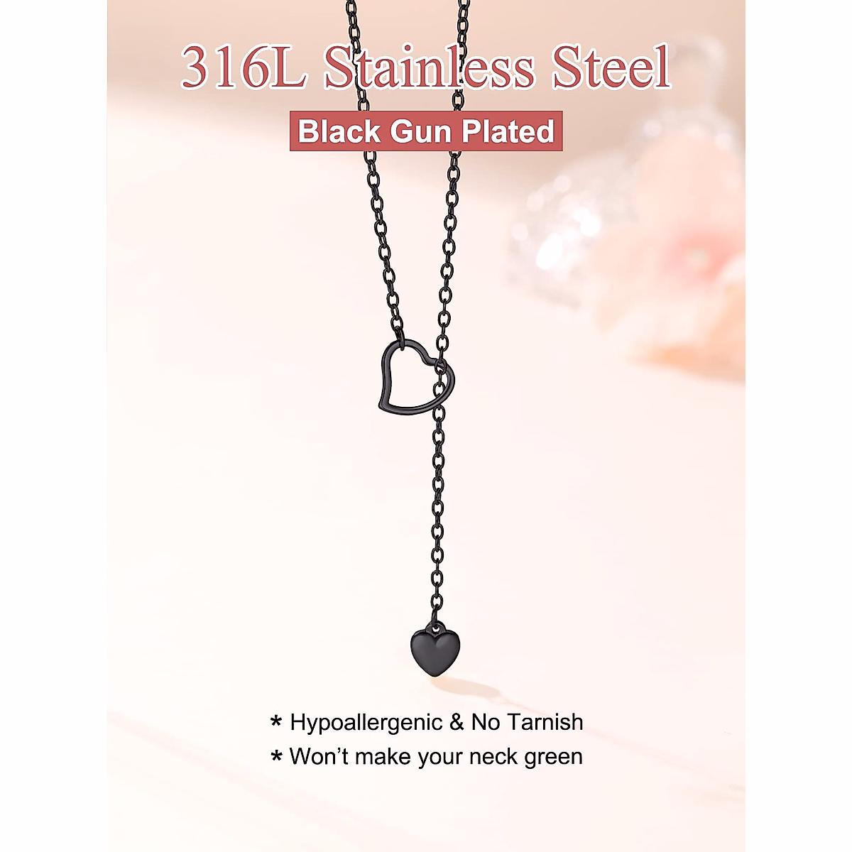 FOCALOOK Black Long Necklaces for Women Trendy Drop Heart Pendant Lariat Long Chain Elegant Y-Necklaces