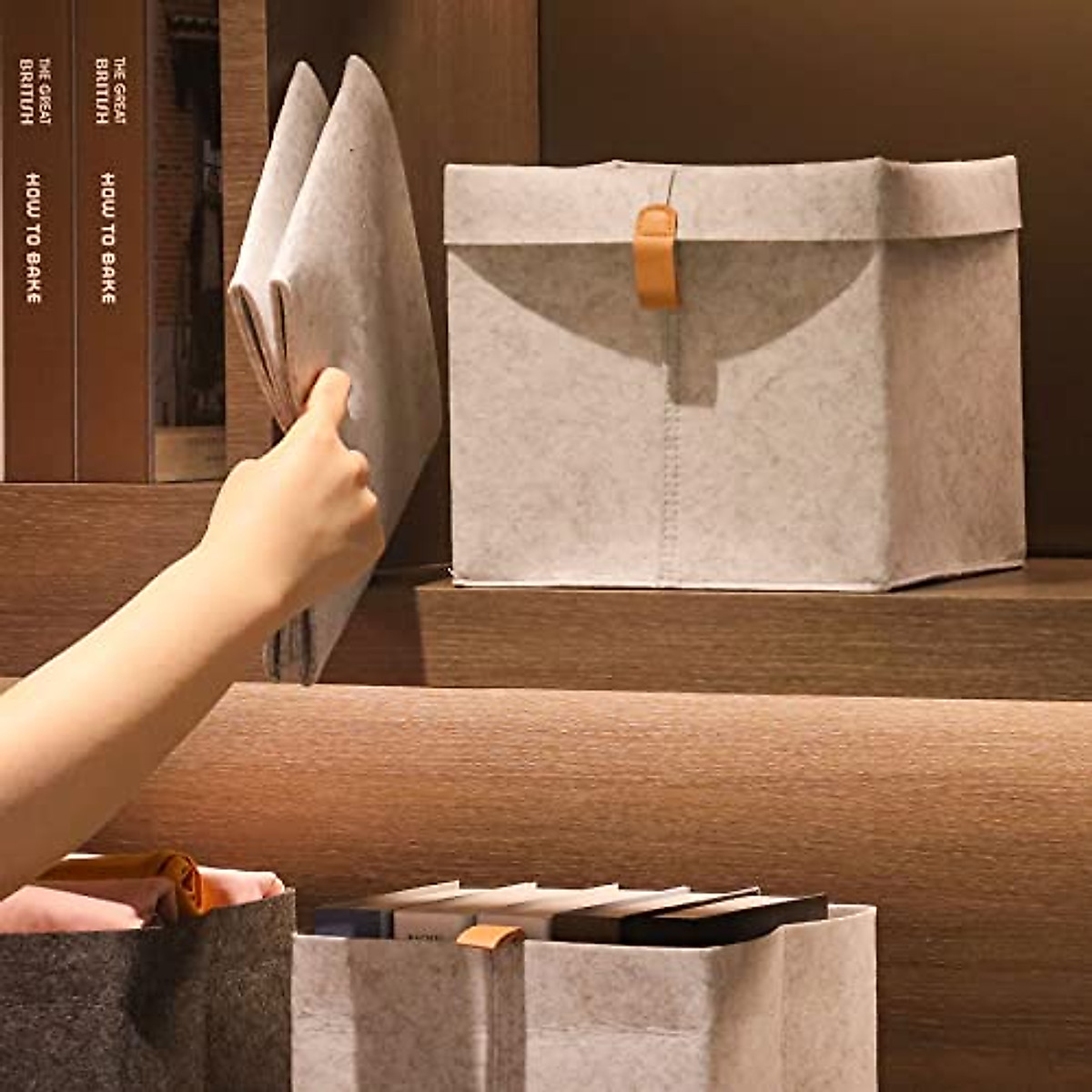 MILILOVE 3Pcs Felt Storage Basket 9x9x10 Cube, Fabric Cloth Storage Bin, Collapsible Organizer with Handle for Cloth Toys Fordable Bin for Bedroom Playroom Office (3)