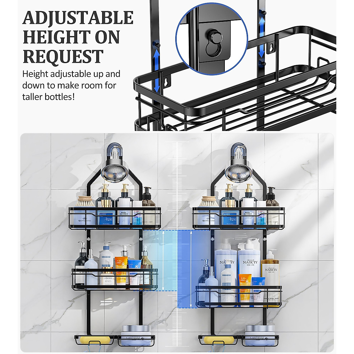 5-Pack Stainless Steel Shower Caddy Hanging Shower Organizer, No Drilling Rust-free Adjustable Non-Slip Non-Shake Bathroom Caddy Organizer storage for Inside Bath Over Shower Head Rack Holder, Black