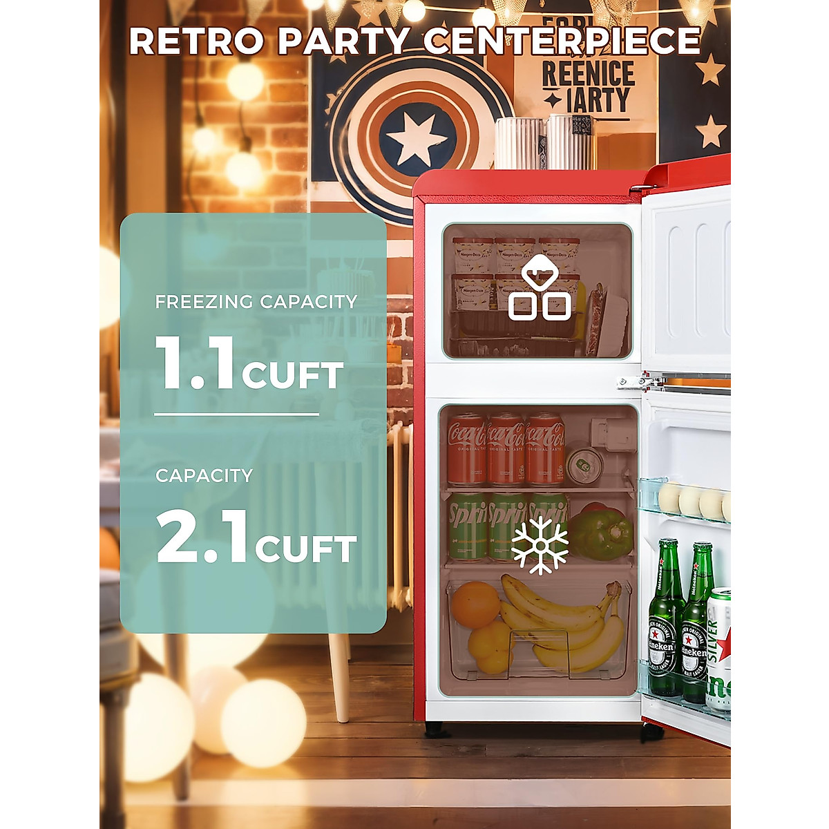 Anypro 3.2 Cu.Ft Refrigerator, Retro Double Door Fridge with Freezer, 7 Adjustable Temperature Settings, Removable Glass Shelves for Dorm, Office, Bedroom, Apartment, Red