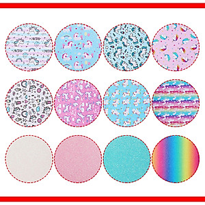 12 Pieces 7.87 x 11.81 Inches Unicorn Printed Faux Leather Sheet Mixed Rainbow Glitter Leather Fabric Sheets Assorted for Girl Kids Earrings Making Hair Bows Decoration DIY Craft Making