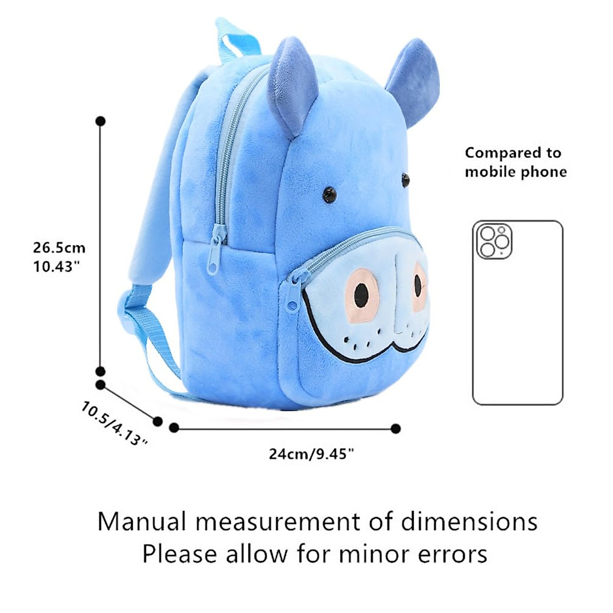 Toddler Backpack Zoo Plush Mini Daypack Animal Cartoon Travel Bag for Baby Girl Boy (Blue（Hippo）)