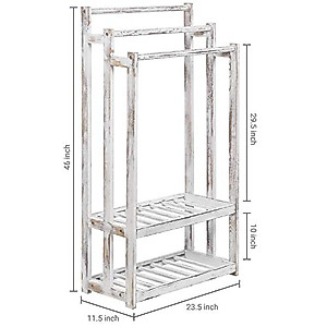 MyGift 3 Tier Farmhouse Whitewashed Solid Wood Bathroom Towel Rack, Freestanding Bath Towel Drying Holder Stand with 2 Slatted Bottom Storage Organizer Shelf