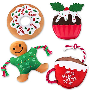 Vansolinne Christmas Dog Squeaky Toy Plush Dog Toys for Small Dogs with Squeakers Interactive Puppy Chew Toys Cute Soft Stuffed Dessert Set of 4