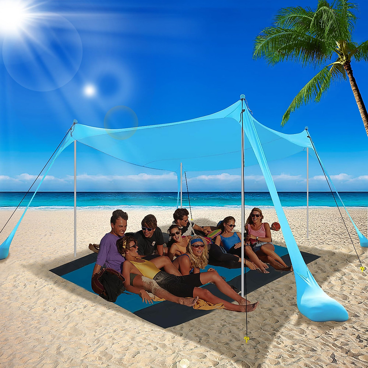 BOTINDO Family Beach Tent Canopy Sun Shade, Pop Up Grande Beach Tent Sun Shelter Stability 4 Poles with Portable Carry Bag Outdoor Shade for Beach Fishing Backyard Camping Picnics