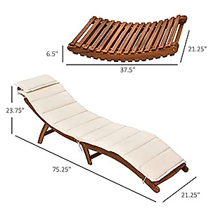 Outsunny Outdoor Chaise Lounge, Acacia Wood Folding Sun Lounger Chair with Cushion Pad for Patio, Garden, Lawn, Backyard, Cream White