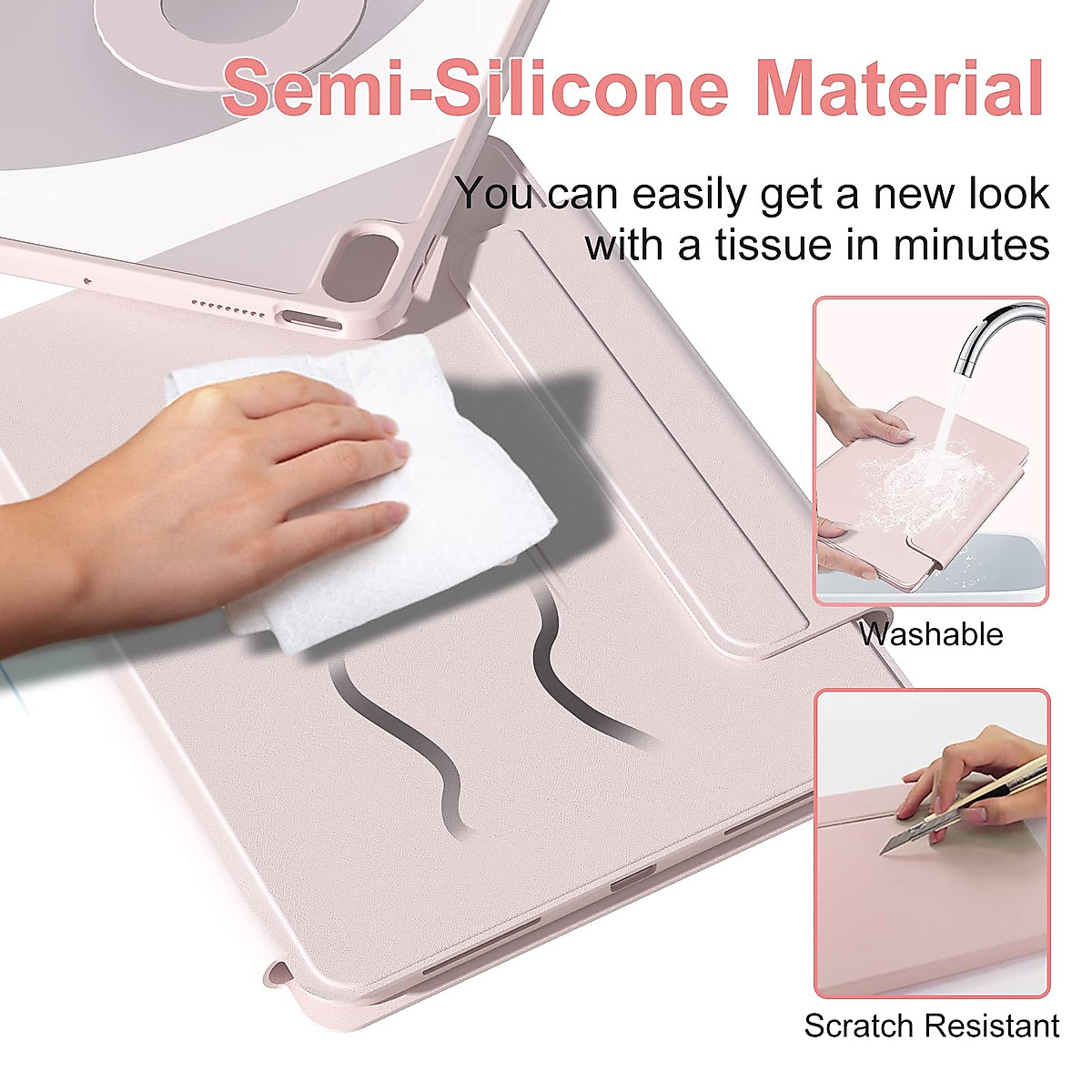 Case for iPad Air 5th/4th Generation 10.9 Inch 2022/2020,360 Rotatable with Powerful Magnet,2 in 1 Detachable Clear Case and Washable Semi-Silicone Protective Cover Smart Folio Support Pen Charger