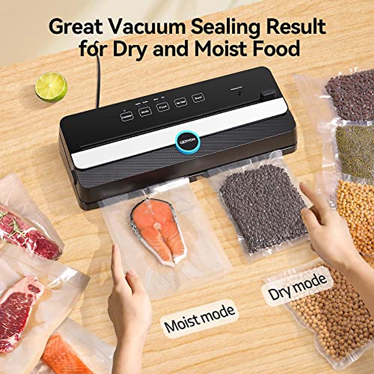 GERYON Vacuum Sealer, Automatic Food Sealer Machine for Food Vacuum Packaging w/Built-in Cutter|Starter Kit|Led Indicator Lights|Easy to Clean|Dry & Moist Food Modes| Compact Design (Black)