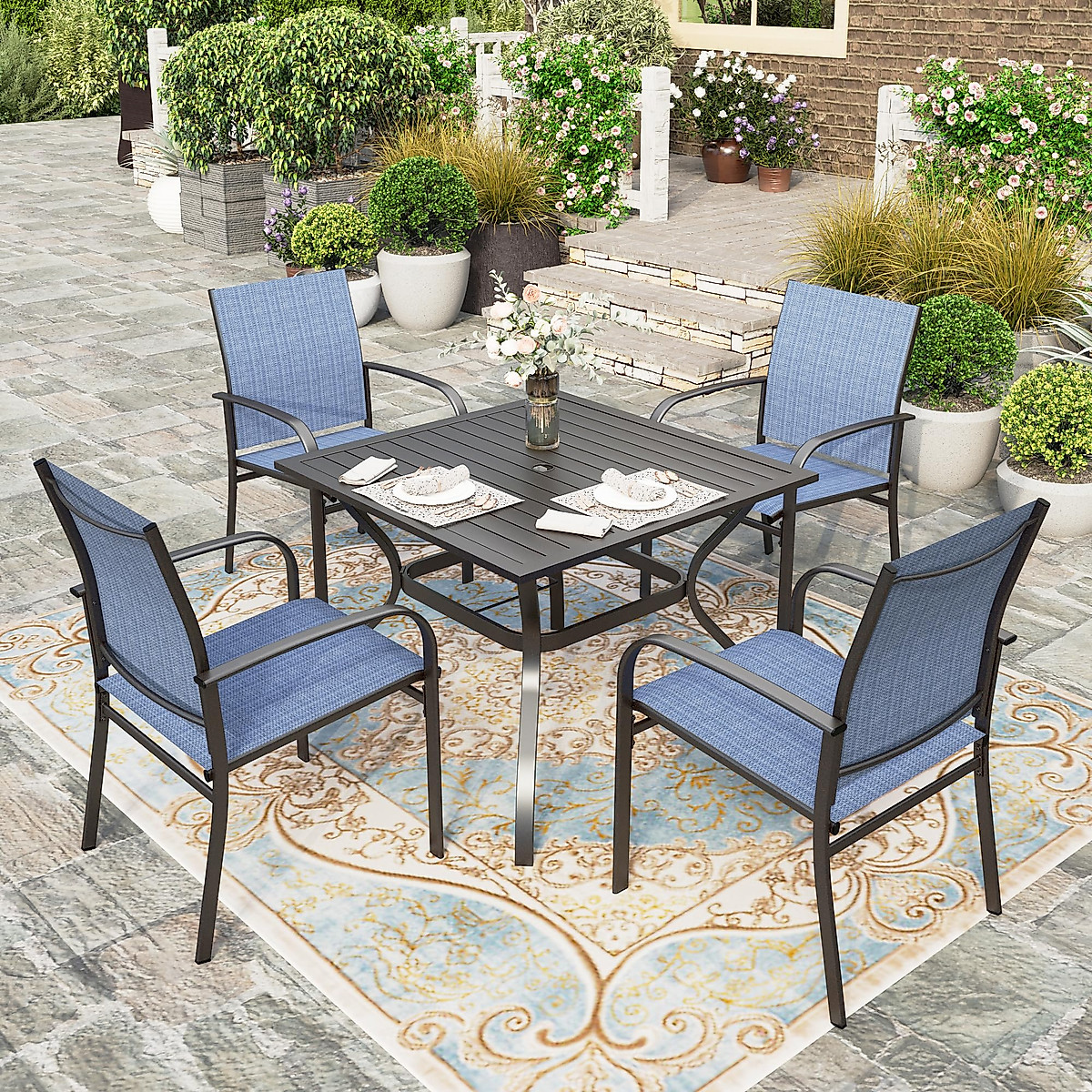 HERA'S HOUSE 5 Pieces Patio Dining Set, Outdoor Table and Chairs Set for 4, 4 x Blue Textilene Dining Chair, 37" Square Metal Dining Table, for Lawn Garden Backyard Deck